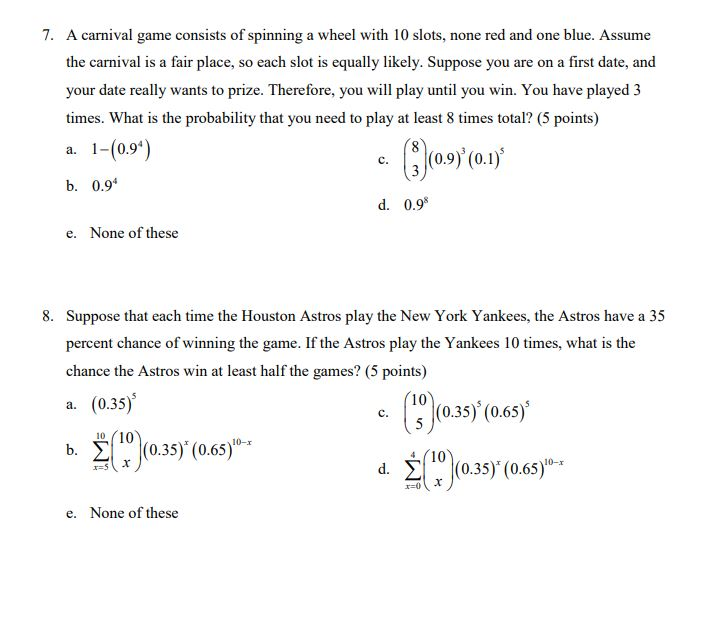 Solved 7. A carnival game consists of spinning a wheel with | Chegg.com