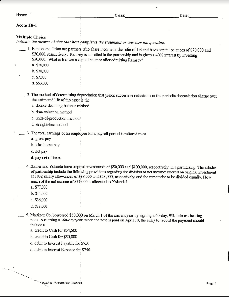 Solved Name: Class: Date: Acctg 1B-1 Multiple Choice | Chegg.com