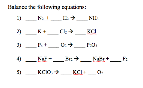 Solved Balance the following equations: 1) _N2 + H2 → NH3 2) | Chegg.com