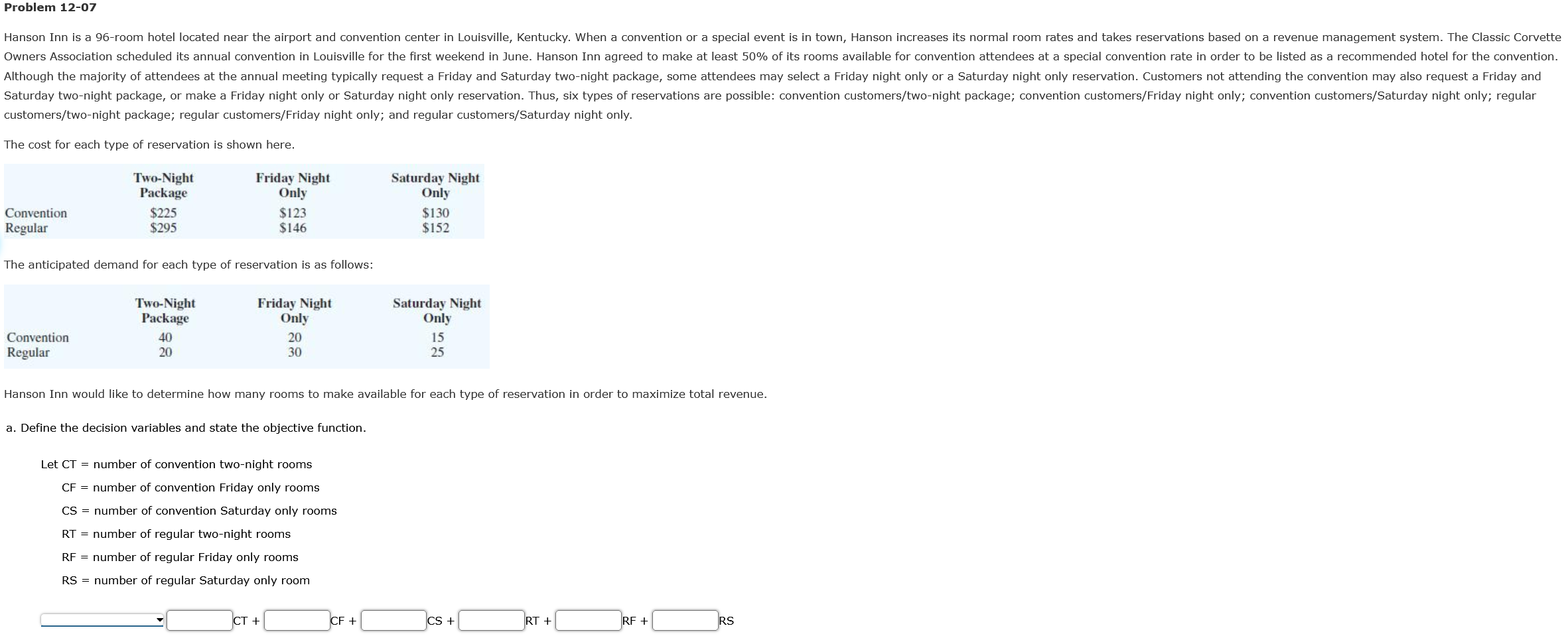 Solved customers/two-night package; regular customers/Friday | Chegg.com