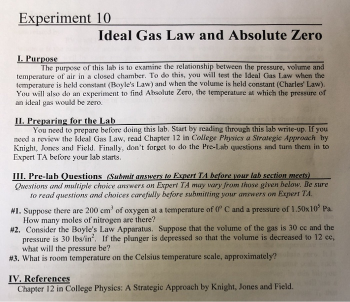 Solved Experiment 10 Ideal Gas Law and Absolute Zero I. | Chegg.com