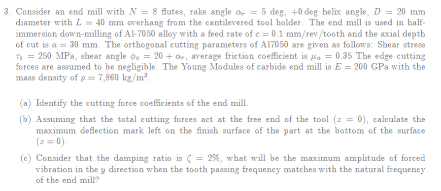 Solved 3. Consider an end mill with N=8 flutes, rake angle | Chegg.com