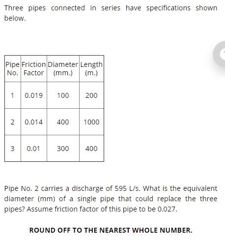 Solved 1. Three pipes connected in series have | Chegg.com