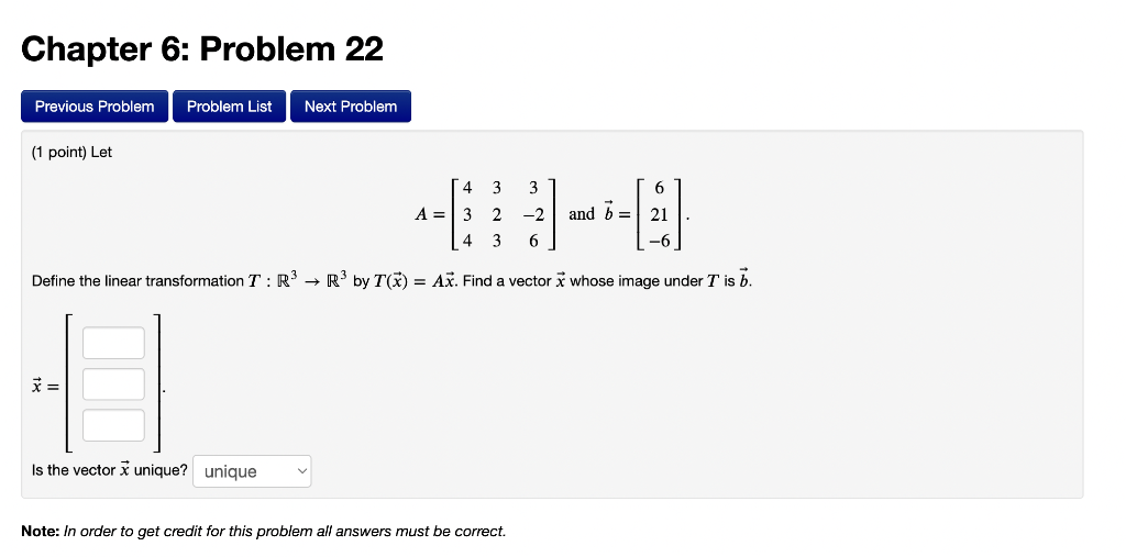 Solved (1 point) Let A=⎣⎡4343233−26⎦⎤ and b=⎣⎡621−6⎦⎤ Define | Chegg.com