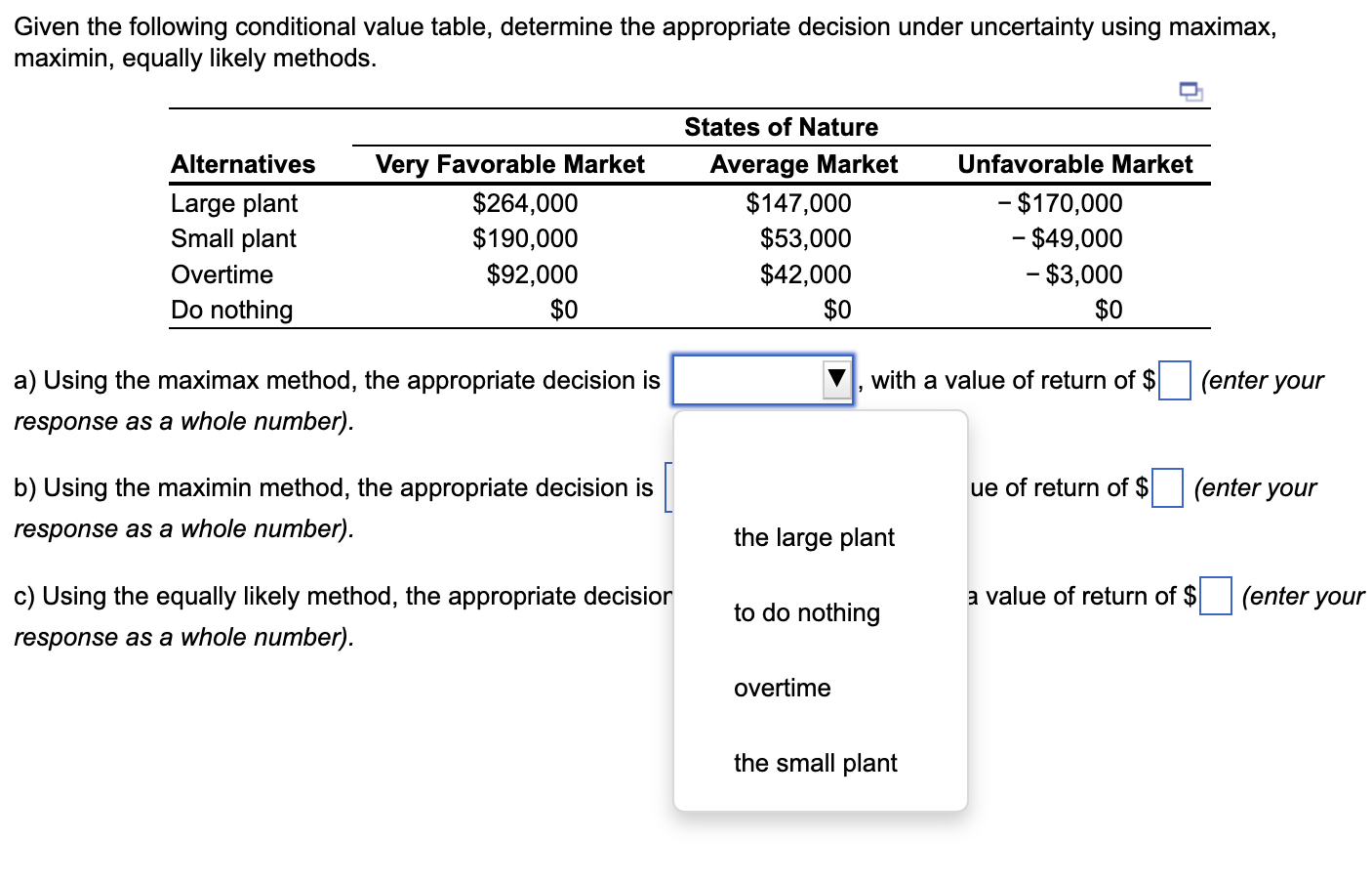 Solved Given the following conditional value table, | Chegg.com