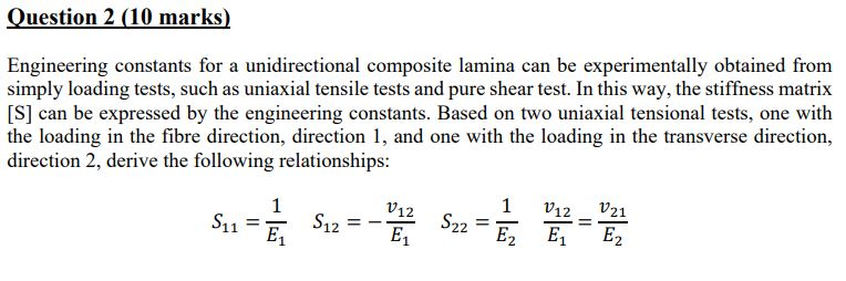 Solved Question 2 (10 marks) Engineering constants for a | Chegg.com