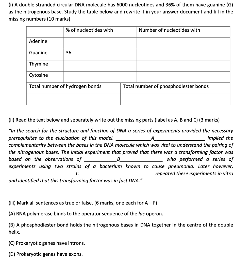 Solved (i) A double stranded circular DNA molecule has 6000 | Chegg.com