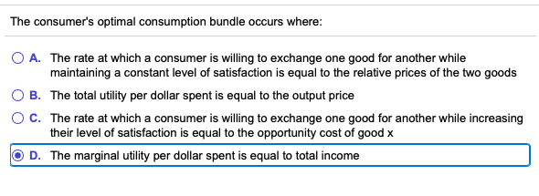Solved The consumer's optimal consumption bundle occurs | Chegg.com