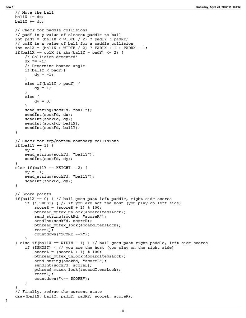 Solved Below is a 2 player ping pong game that works over a | Chegg.com