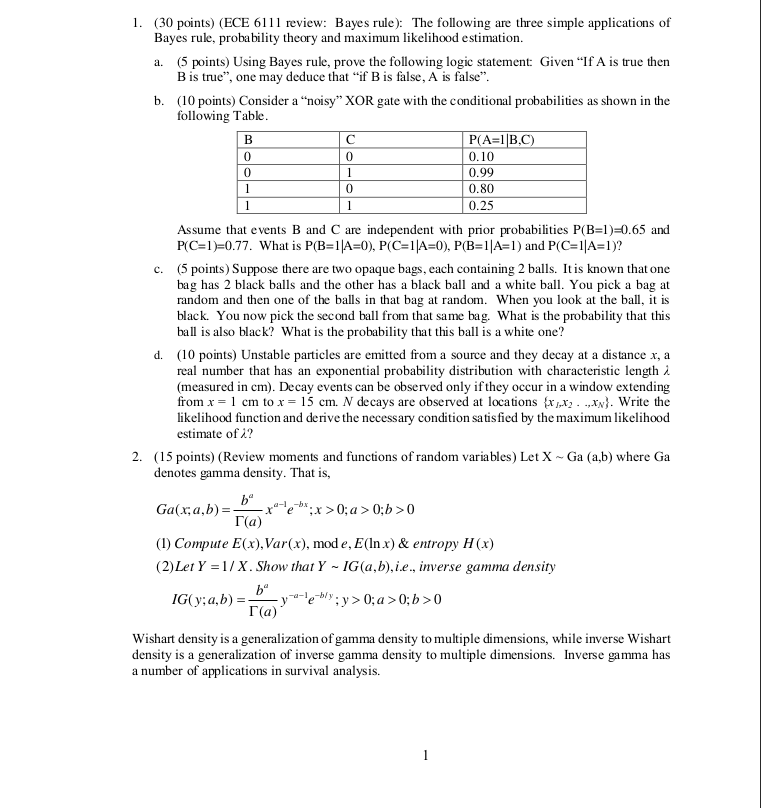 Solved 1. (30 points) (ECE 6111 review: Bayes rule): The | Chegg.com