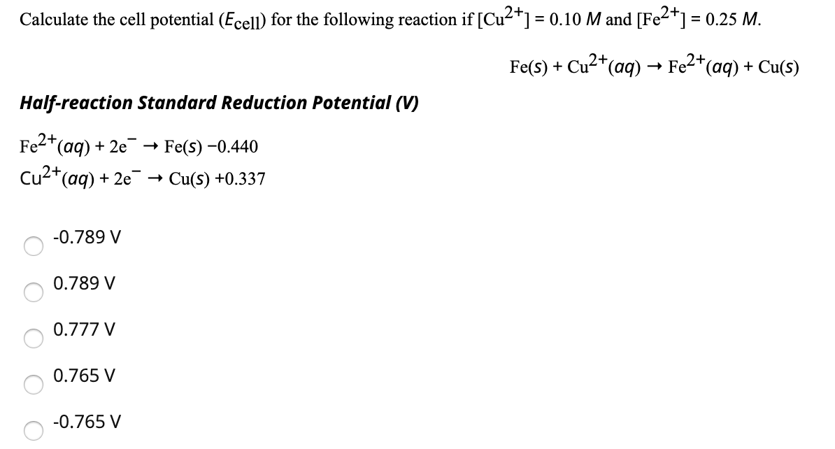 Solved Calculate the cell potential (Ecell) for the | Chegg.com