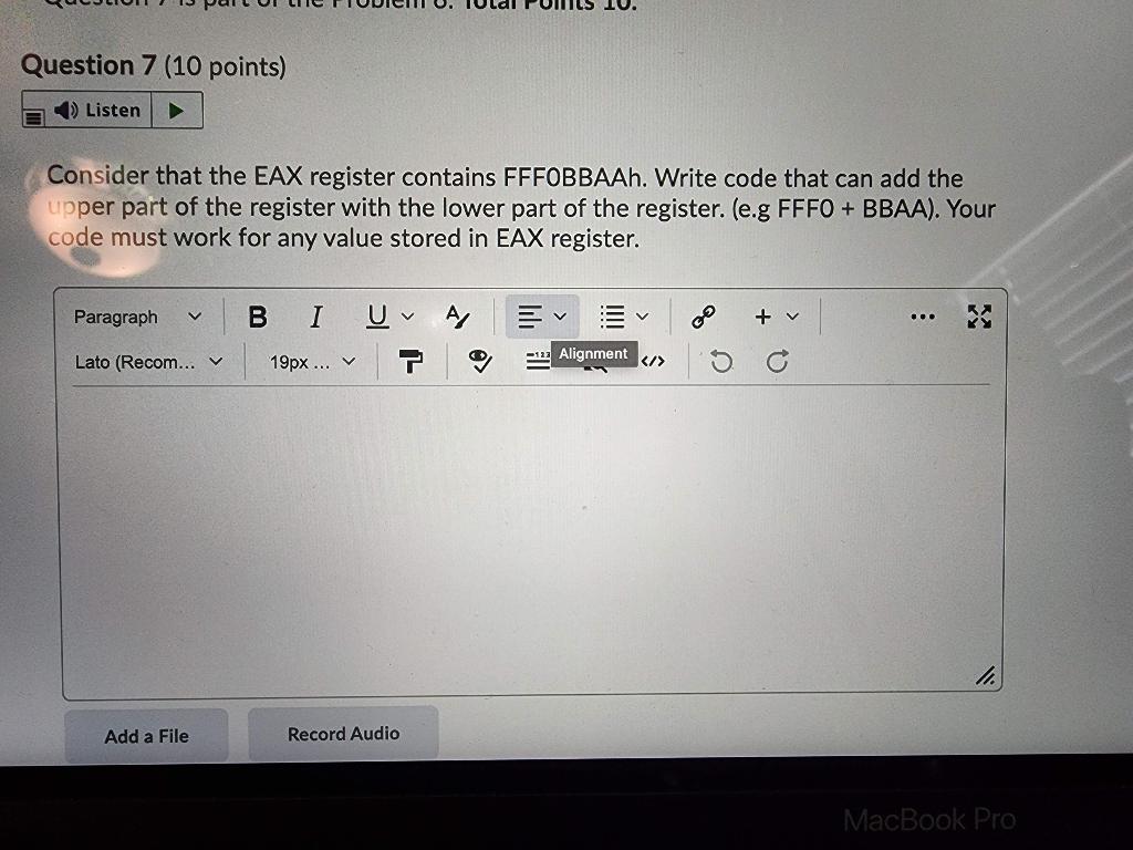 Solved Question 7 (10 points) Listen Consider that the EAX | Chegg.com