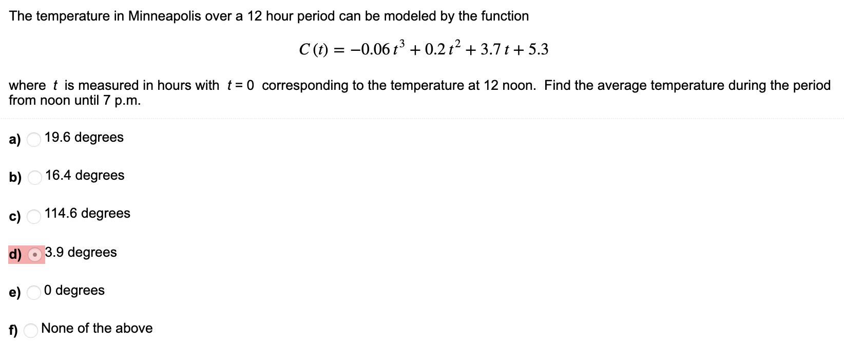 Solved The temperature in Minneapolis over a 12 hour period | Chegg.com