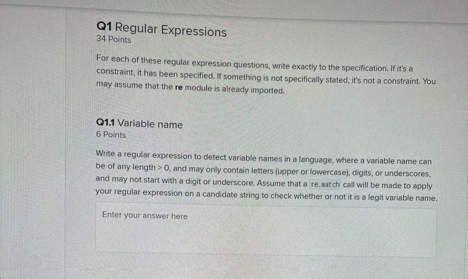 Solved Q1 Regular Expressions 34 Points For each of these | Chegg.com
