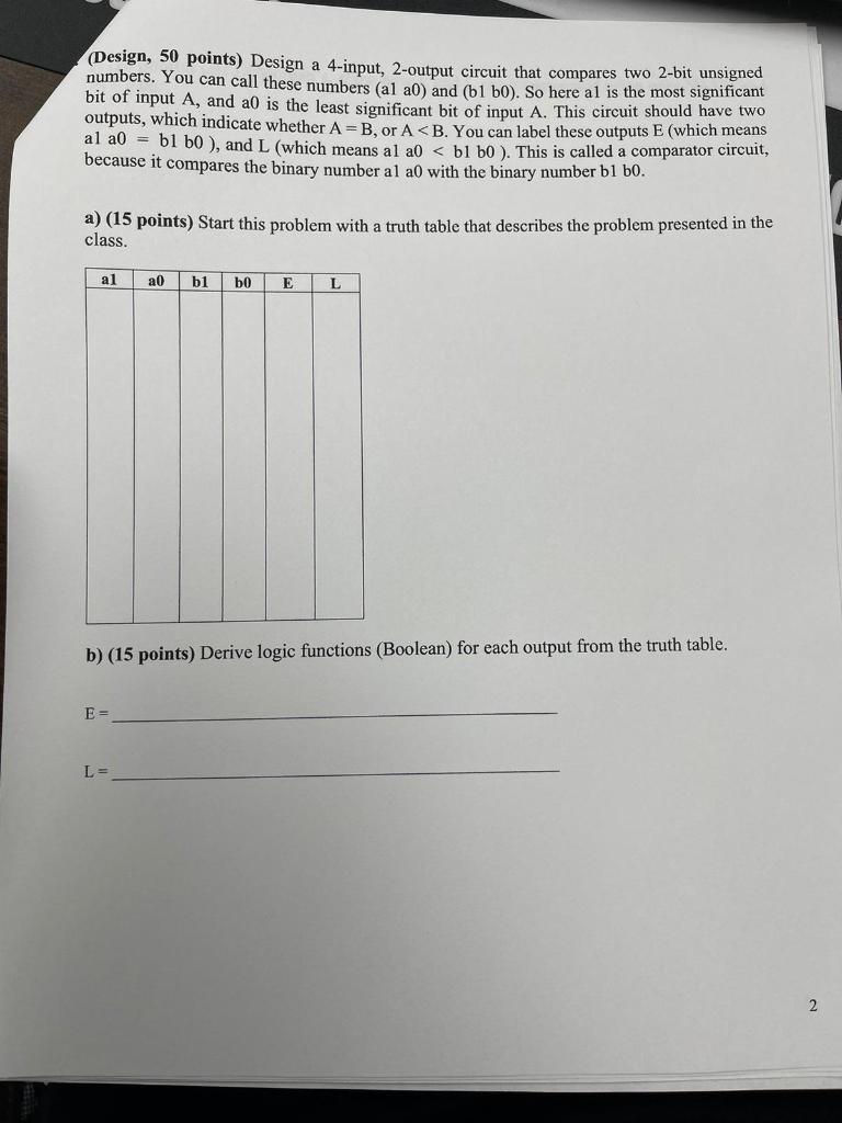 Solved (Design, 50 points) Design a 4-input, 2-output | Chegg.com