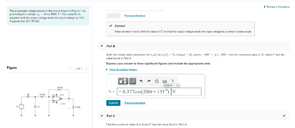 Solved Review Constants The sinusoidal voltage source in the | Chegg.com