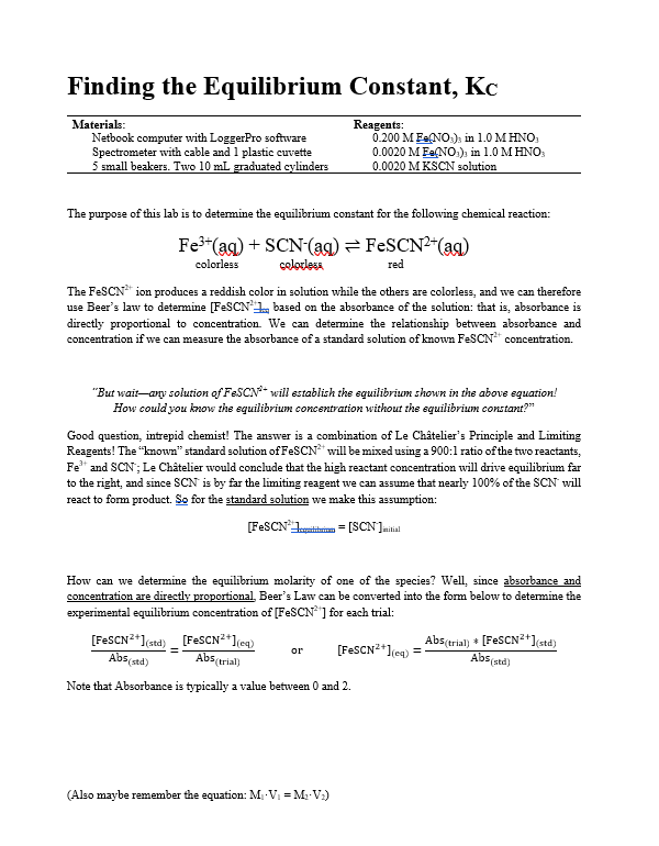 Solved Finding the Equilibrium Constant, KC The purpose of | Chegg.com