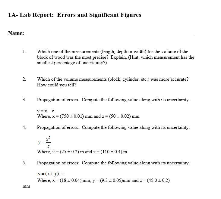 Solved 1A-Lab Report: Errors and Significant Figures Name: | Chegg.com