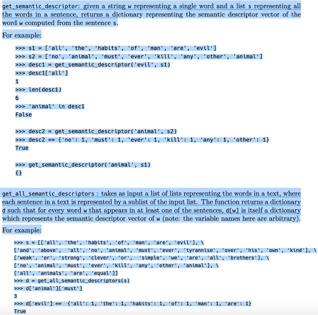 Solved get_semantic_descriptor: given a string w | Chegg.com