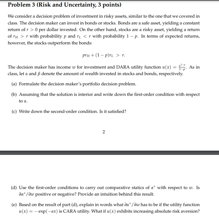 Problem 3 (Risk and Uncertainty, 3 points) We | Chegg.com