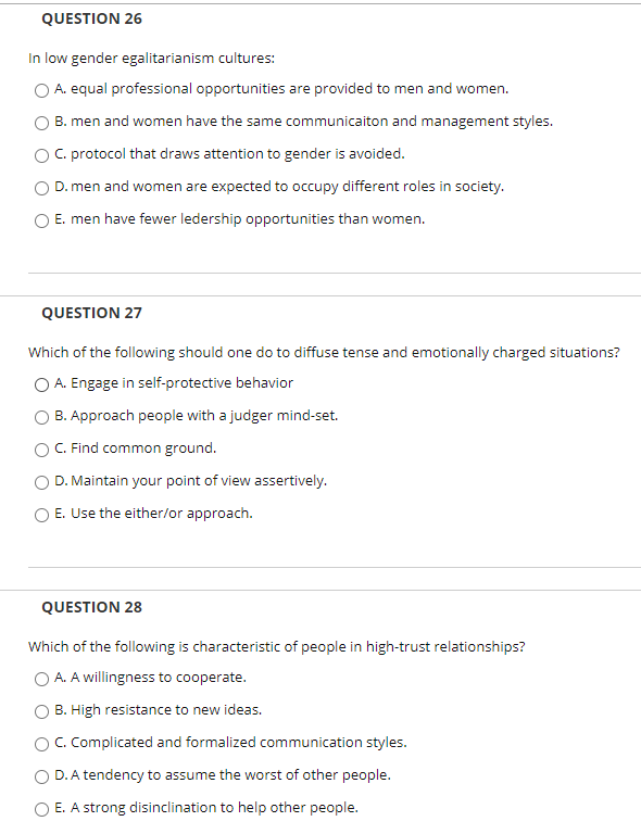 Solved QUESTION 26 In low gender egalitarianism cultures: A. | Chegg.com