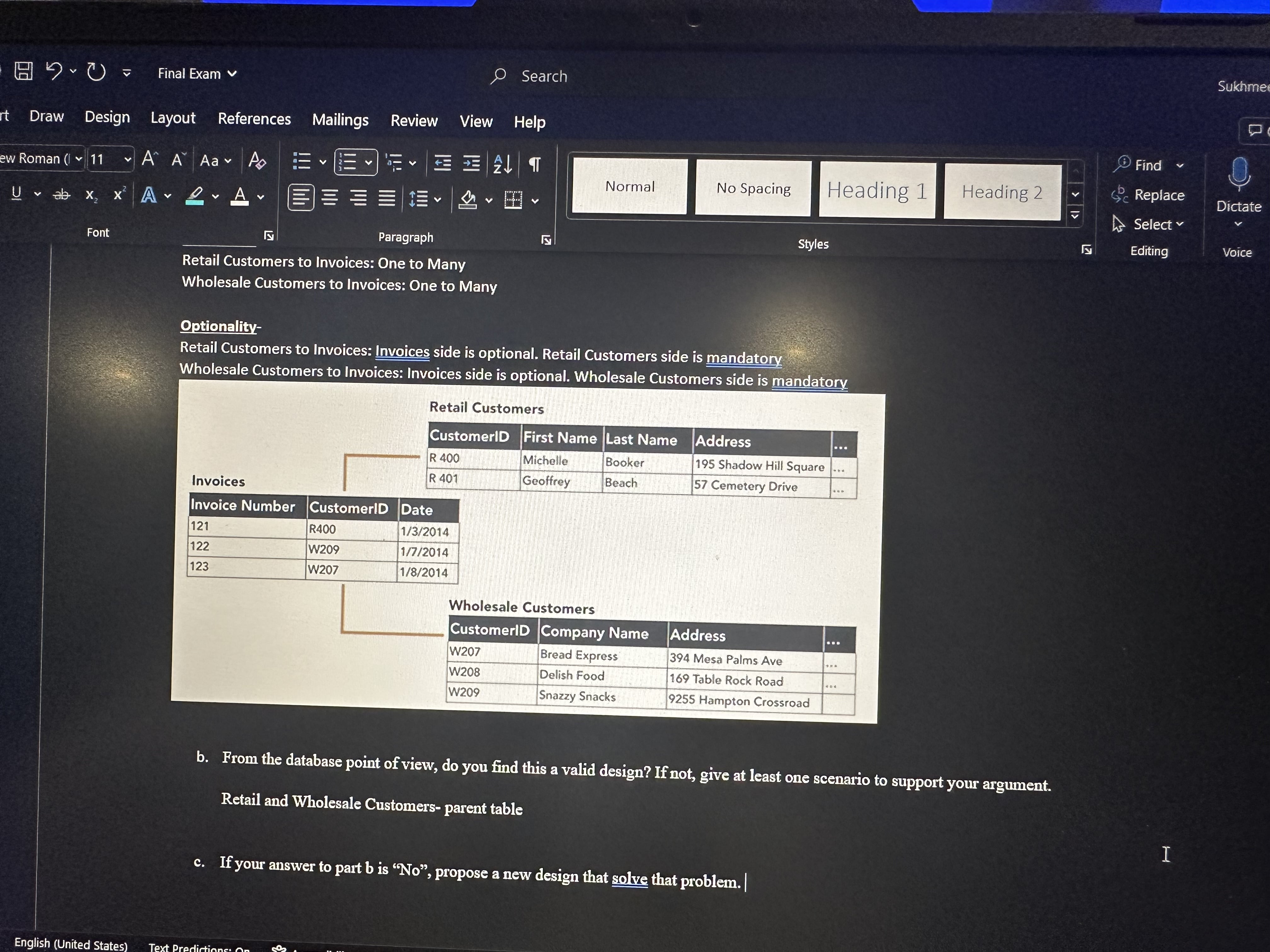 Solved Retail Customers to Invoices: One to Many Wholesale | Chegg.com