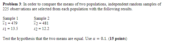 Solved Problem 3: In order to compare the means of two | Chegg.com