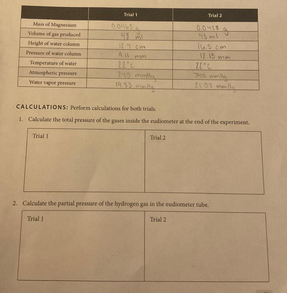 Solved CALCULATIONS: Perform calculations for both trials. | Chegg.com