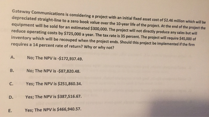Solved Gateway Communications is considering a project with | Chegg.com