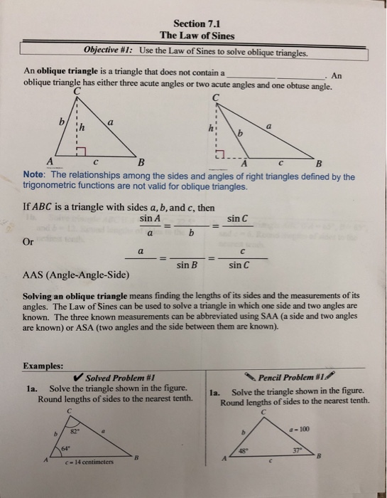 Solved Section 7.1 The Law of Sines Objective #1: Use the | Chegg.com