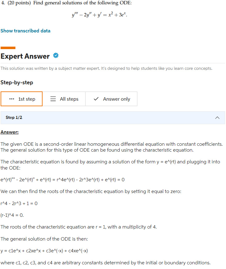 Solved y′′′−2y′′+y′=x2+3ex Show transcribed data Expert | Chegg.com