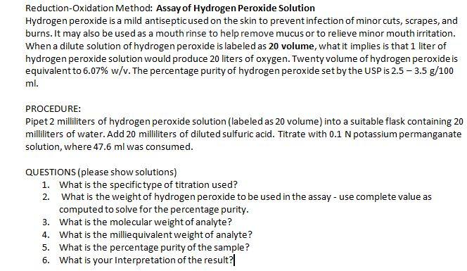 Solved Reduction-Oxidation Method: Assay of Hydrogen | Chegg.com