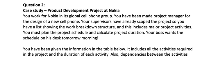 Solved Question 2: Case study - Product Development Project | Chegg.com