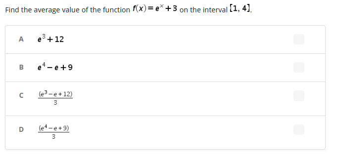 Solved Find the average value of the function f(x)=ex+3 on | Chegg.com