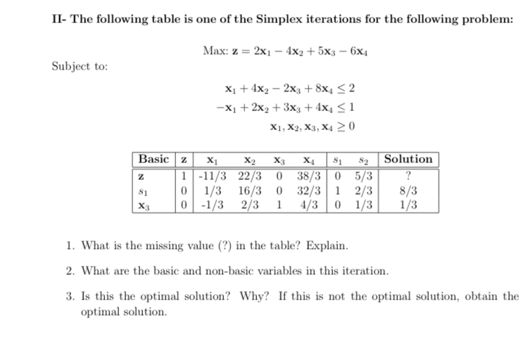 II- The following table is one of the Simplex | Chegg.com