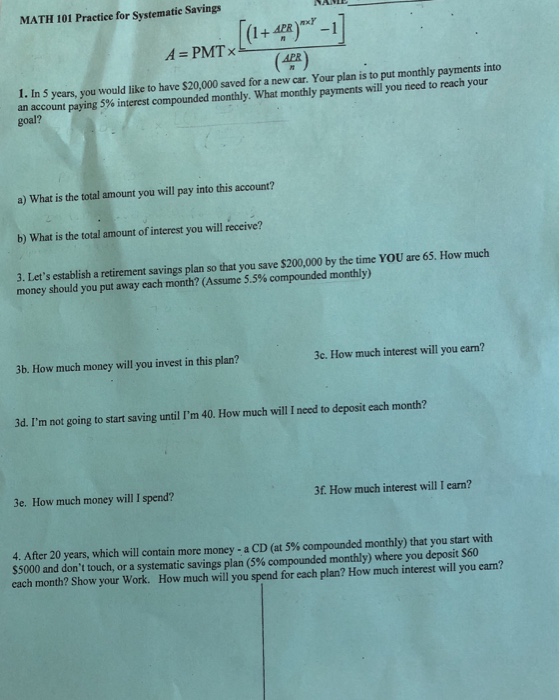 Solved MATH 101 Practice for Systematic Savings (ATR) I. In | Chegg.com