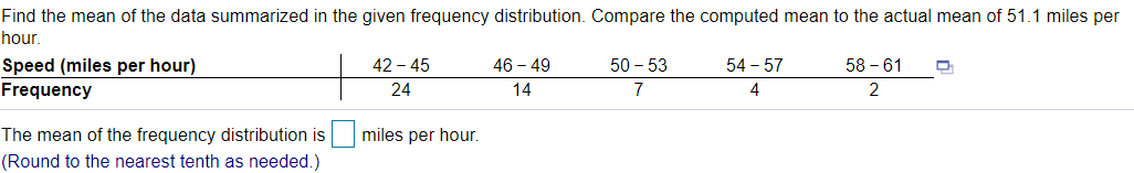 Solved Find the mean of the data summarized in the given | Chegg.com