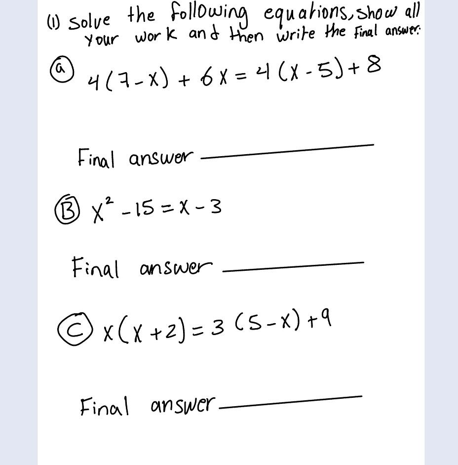 Solved (i) Solve the following equations, show all your work | Chegg.com