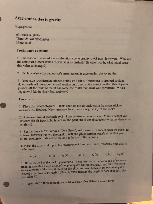 Solved Acceleration due to gravity Equipment Air track & | Chegg.com