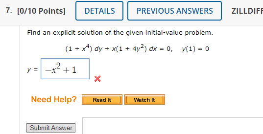 Solved /10 Points] ZILLDIFP Find an explicit solution of the | Chegg.com