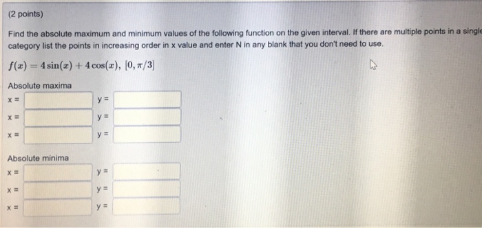 Solved (2 points) Find the absolute maximum and minimum | Chegg.com