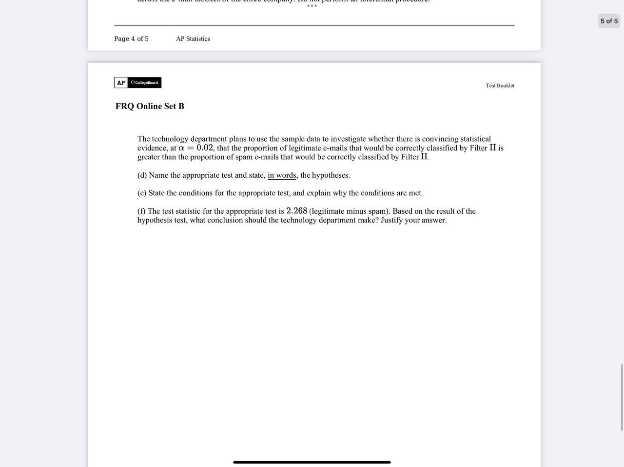 AP Statistics Page 3 of 5 AP Coord Test Booklet FRQ | Chegg.com