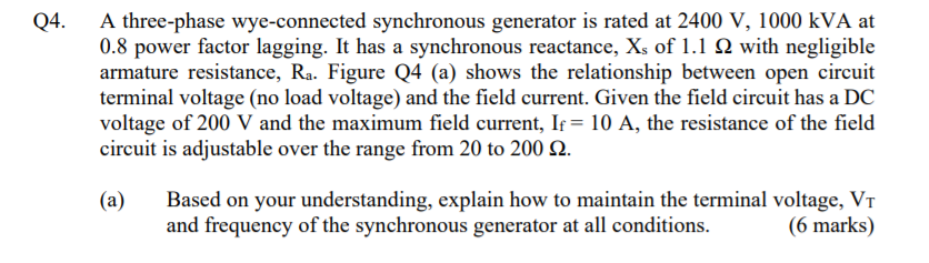 Solved Q4. A three-phase wye-connected synchronous generator | Chegg.com