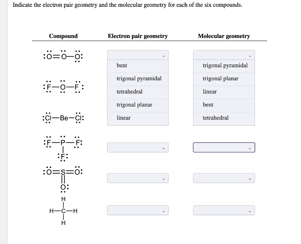 Solved Indicate the electron pair geometry and the molecular | Chegg.com