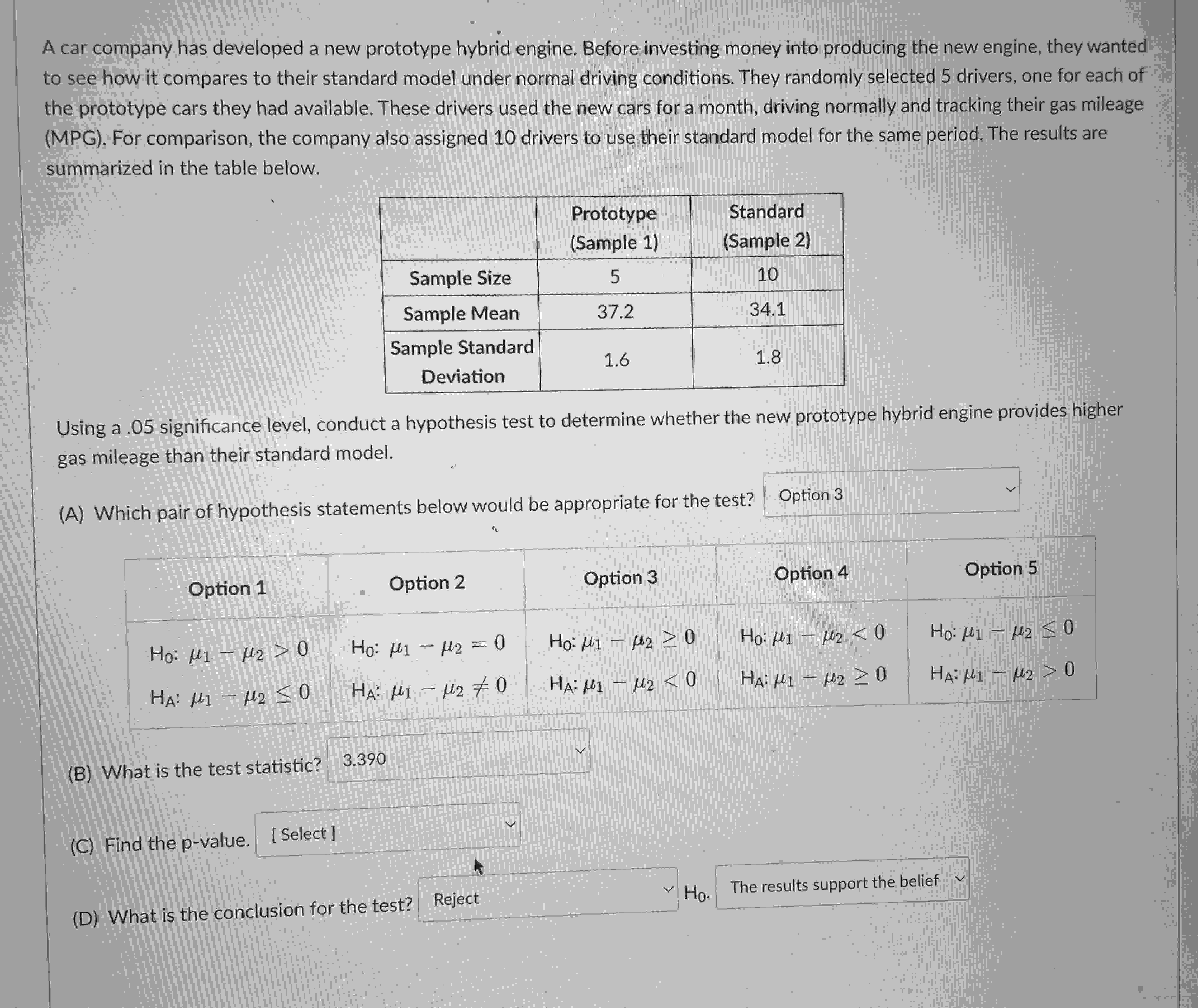 Solved A car company has developed a new prototype hybrid | Chegg.com