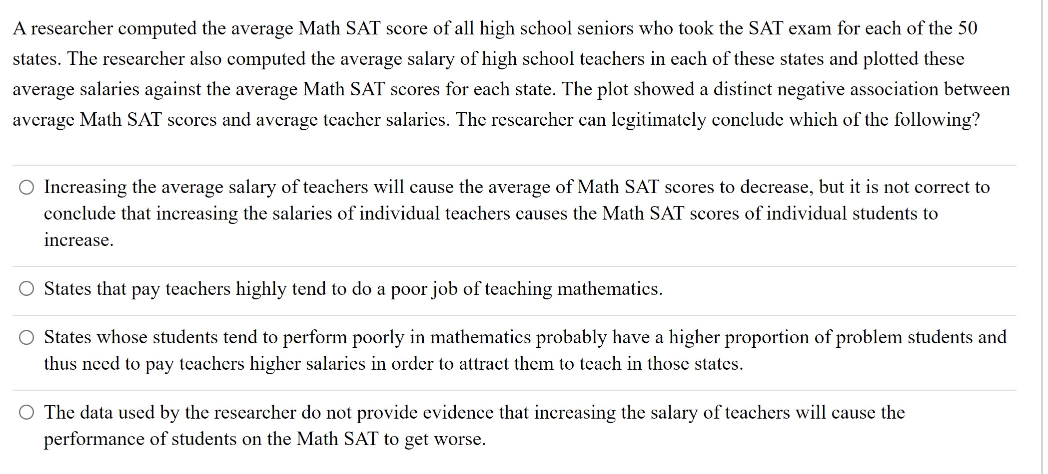 Solved A researcher computed the average Math SAT score of | Chegg.com