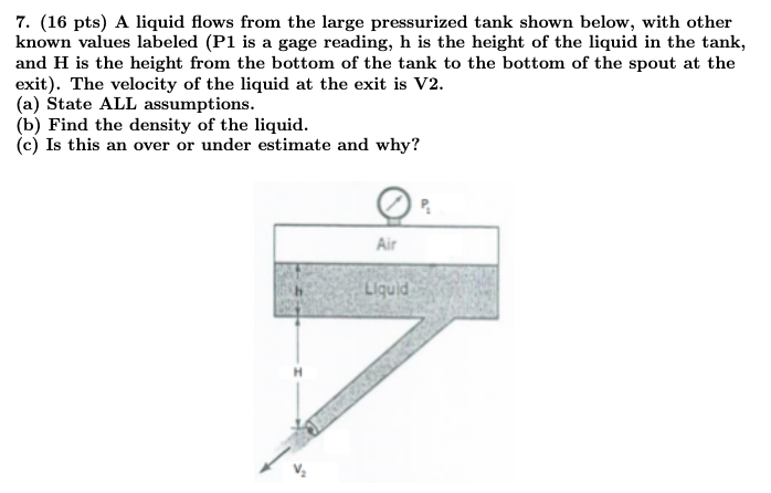 Solved 7. (16 pts) A liquid flows from the large pressurized | Chegg.com