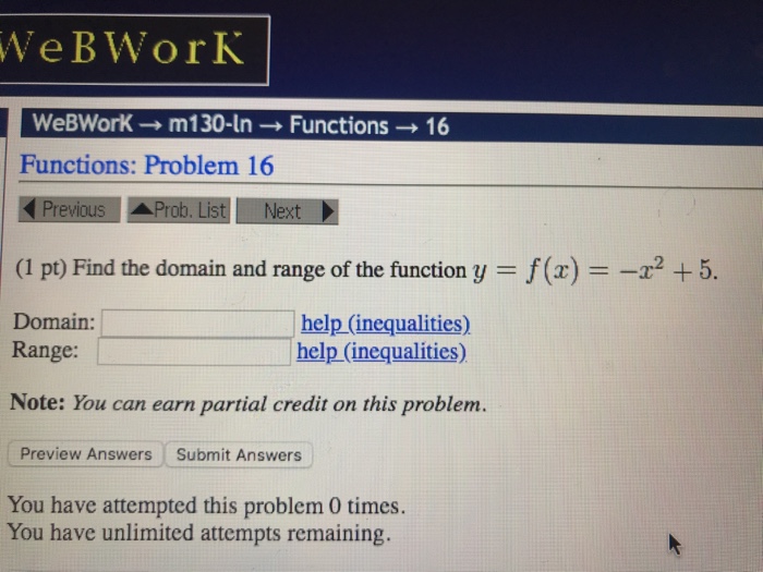 Solved We BWorK WeBWork m130-In Functions-16 Functions: | Chegg.com