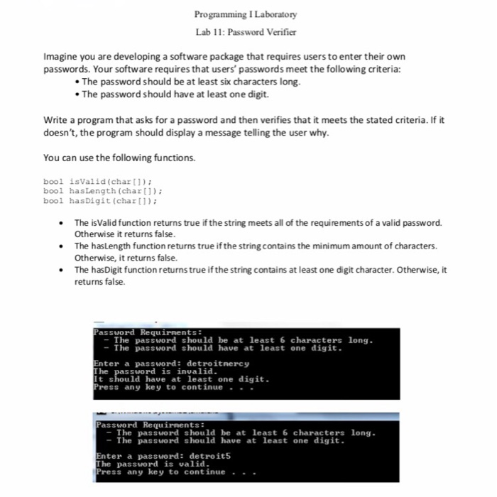Solved Programming I Laboratory Lab 11: Password Verifier | Chegg.com