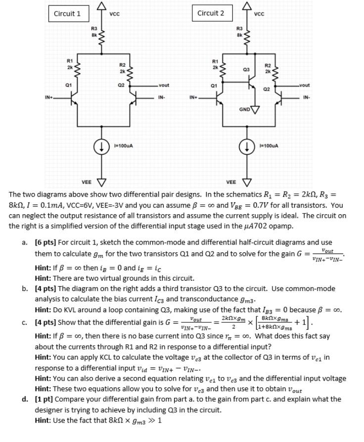 Solved Circuit 1 VCC Circuit 2 VCC R3 8k R3 BK W RI 2k R2 2k | Chegg.com